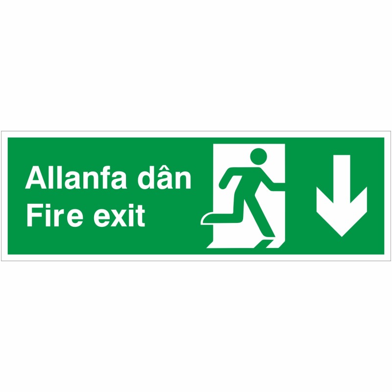 Fire Exit Arrow Down Sign in Welsh / English