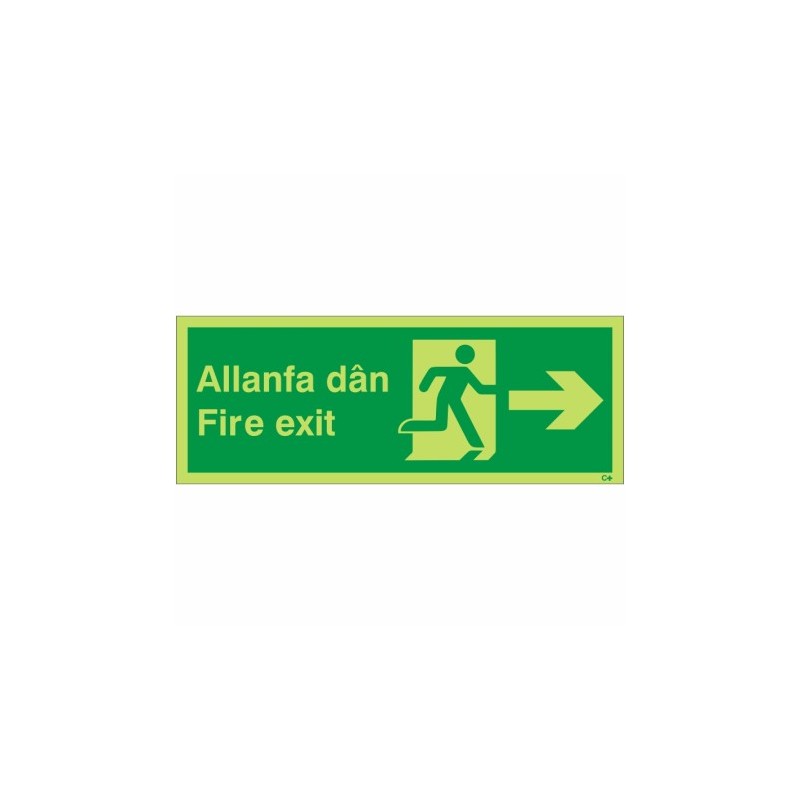 Fire Exit Arrow Right Sign in Welsh / English