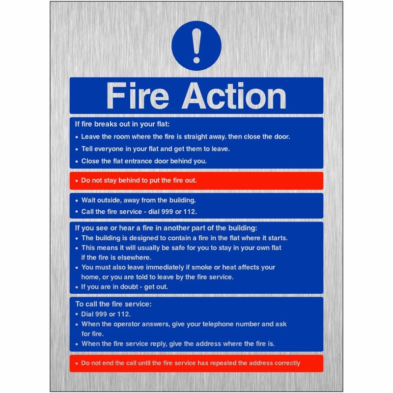 Fire Action Notice Brushed Aluminium Sign - If Fire Breaks Out In Your Flat