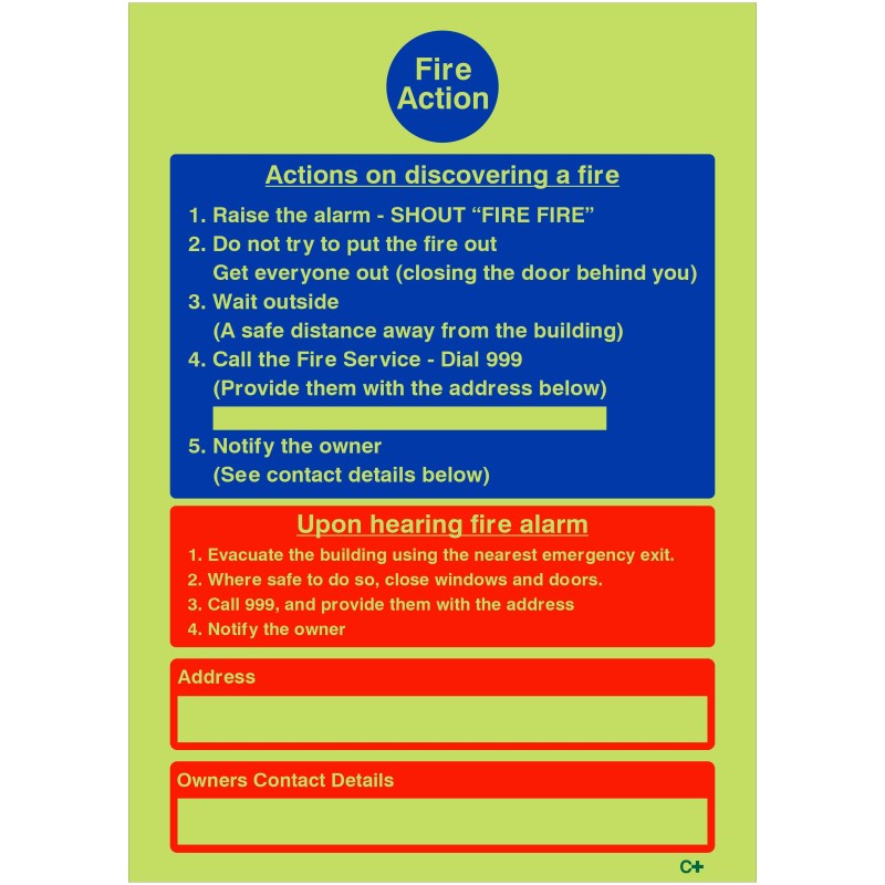 Glow In The Dark Hotel Guest House Fire Action Notice Sign - BS 5499 ...