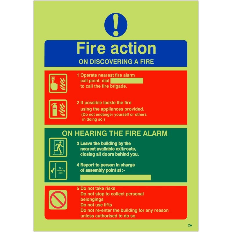 Glow In The Dark Fire Action Notice Sign - On Discovering A Fire - BS ...