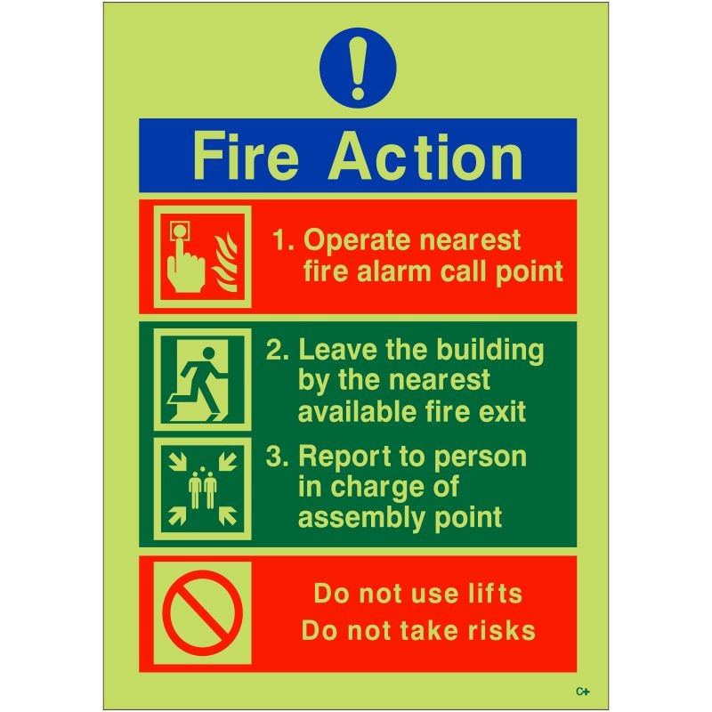 3 Point Glow in the Dark Fire Action Sign - BS 5499 Compliant