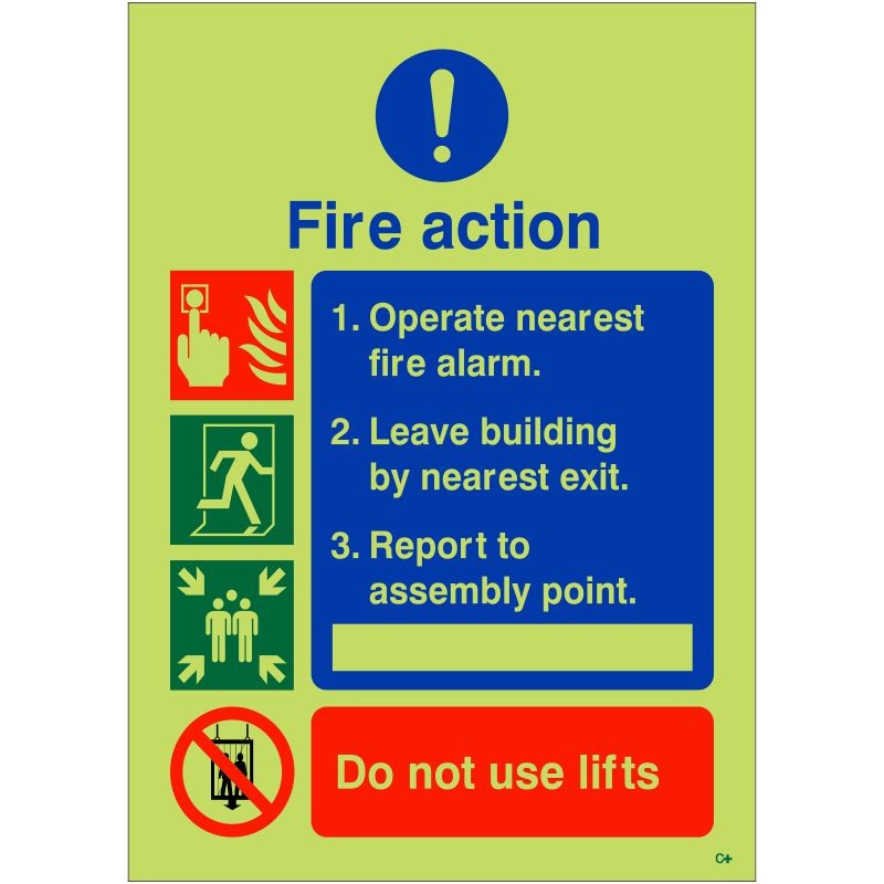 3 Point Glow in the Dark Fire Action Sign - BS 5499 Compliant