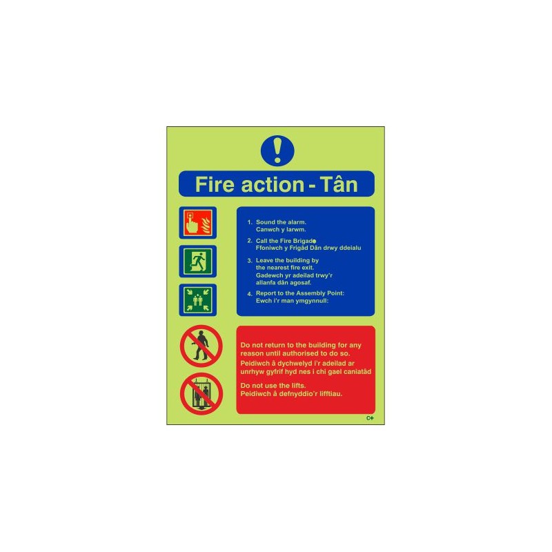 Glow in the Dark Fire Action Notice Sign Welsh/English - BS 5499 Compliant