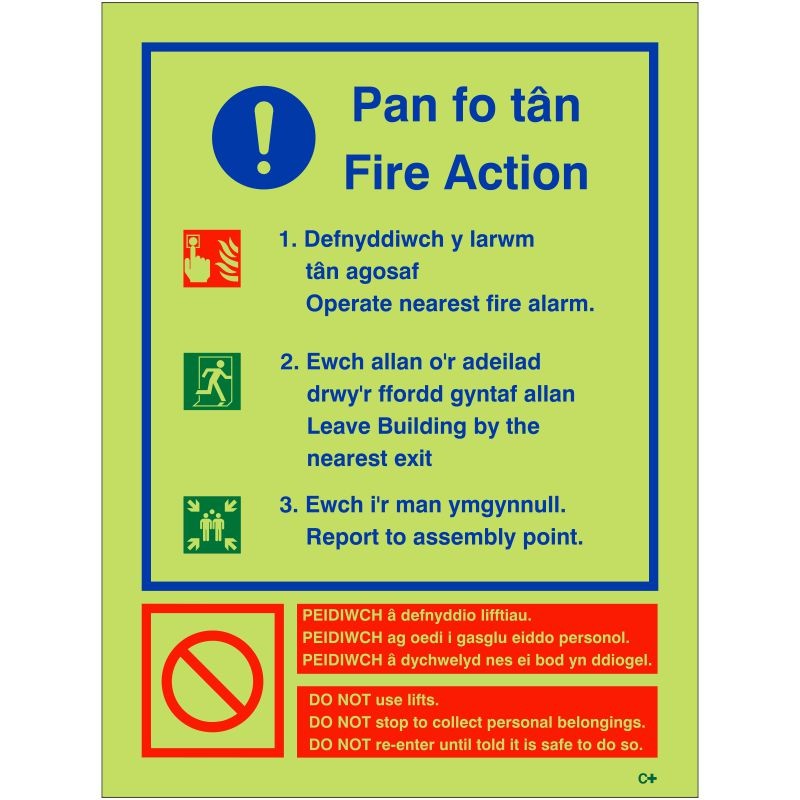 Glow in the Dark 3 Point Fire Action Notice Sign Welsh/English - BS ...