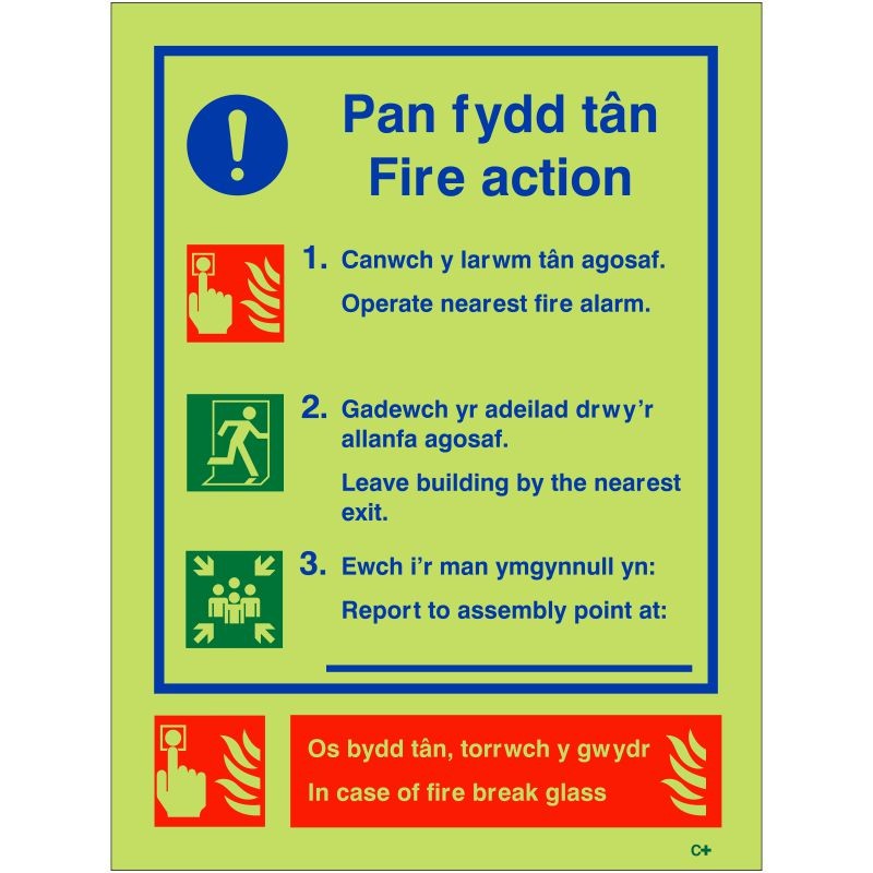 Glow in the Dark 3 Point Fire Action Notice Sign Welsh/English - BS ...